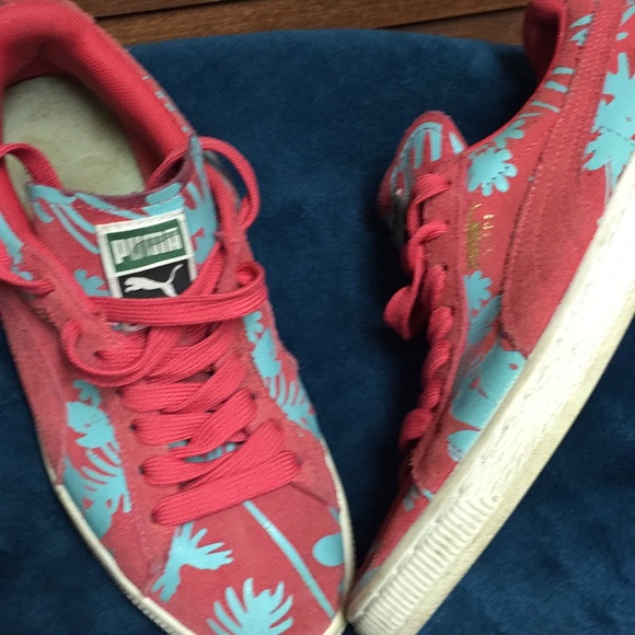 Puma | Shoes | Pretty Pink Pumas With Turquoise Designs | Poshmark